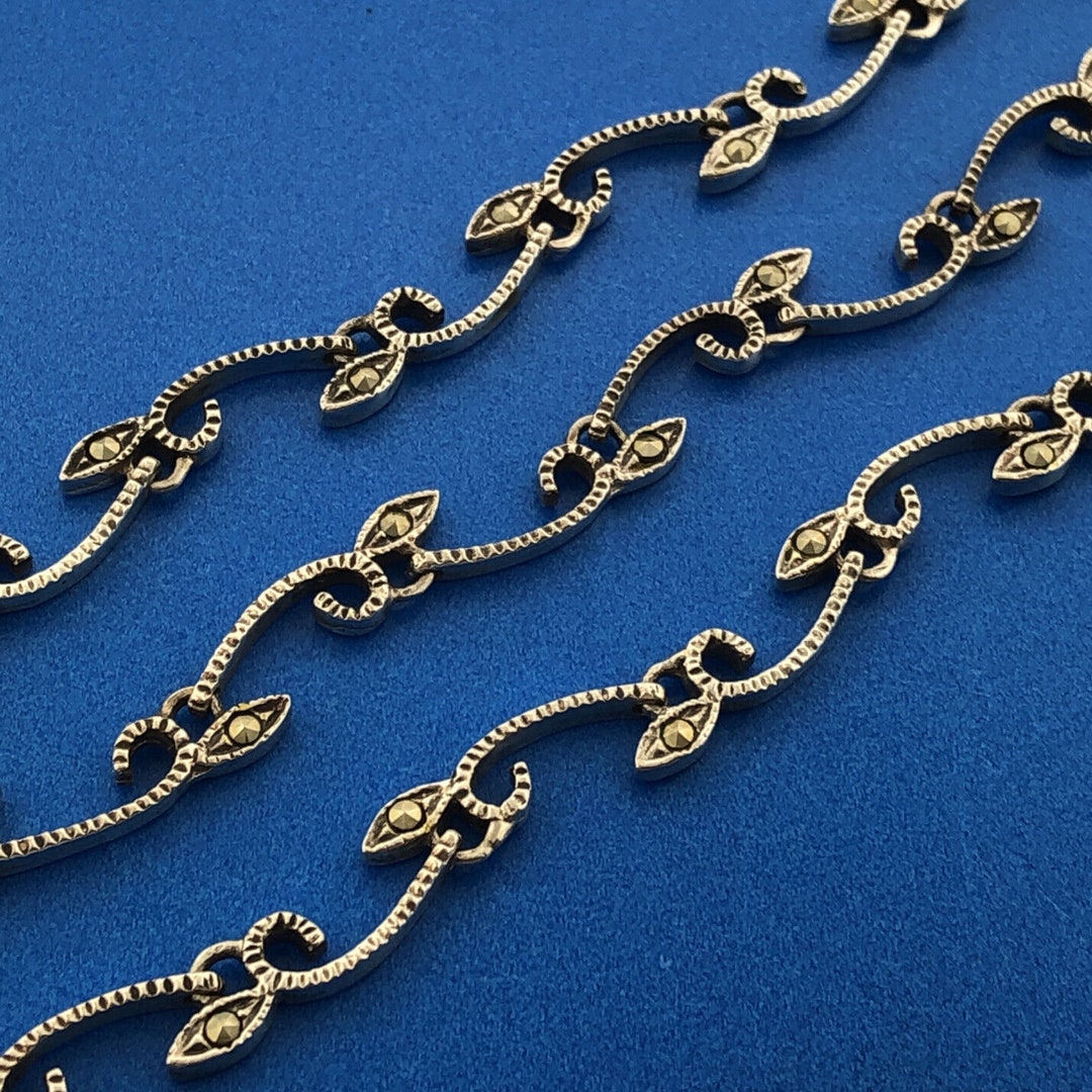 Vintage 925 Sterling Silver Marcasite Leaf Scroll Panel Link Necklace ...