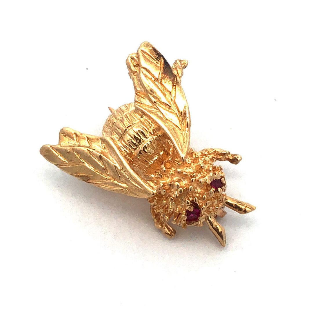 14K Yellow Gold Ruby Eyes Bee Pendant Flying Bug Vintage Lapel Scarf ...