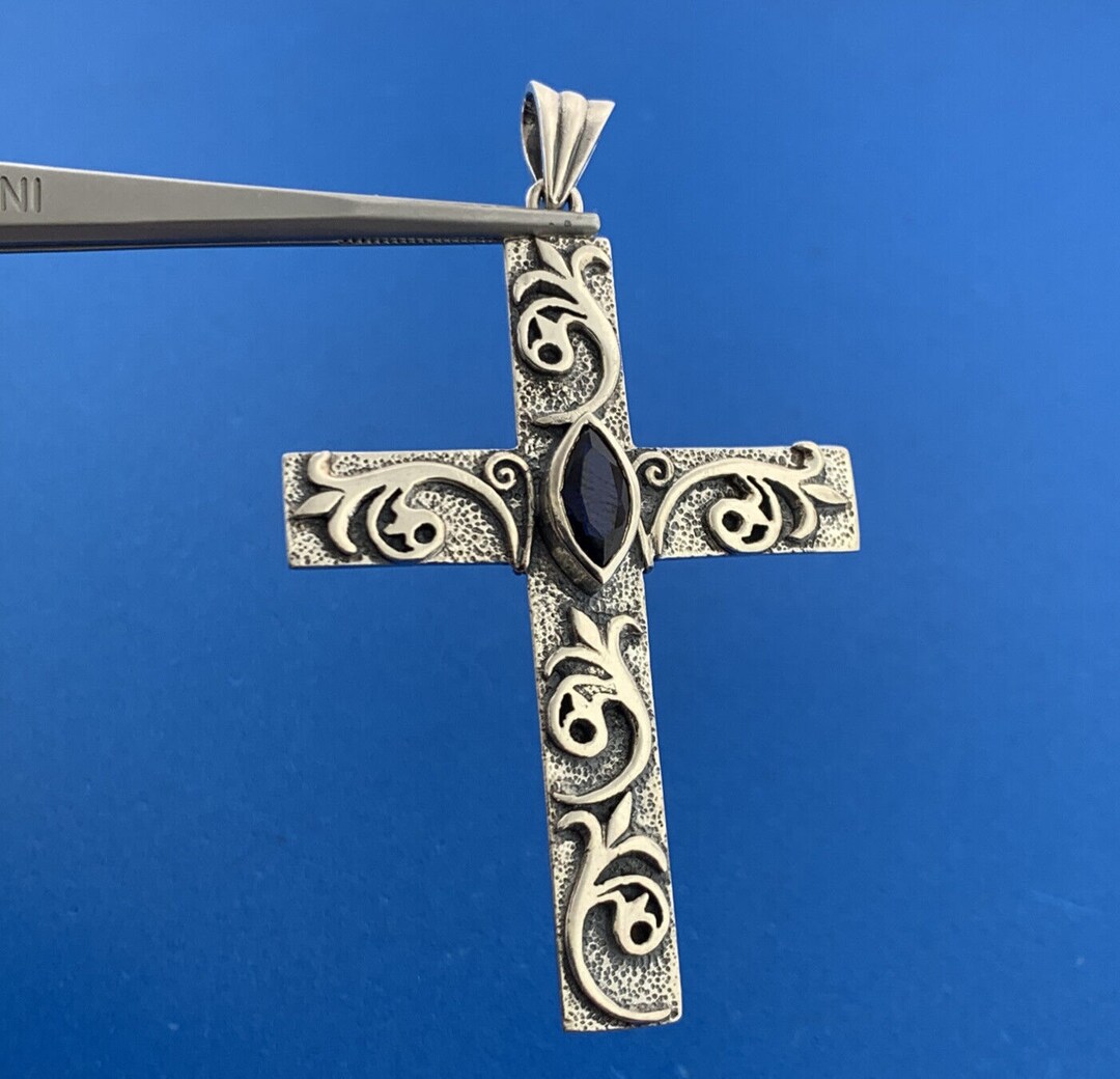 Designer PSCL 925 Sterling Silver Marquise Blue Spinel Statement Cross Pendant - Etsy