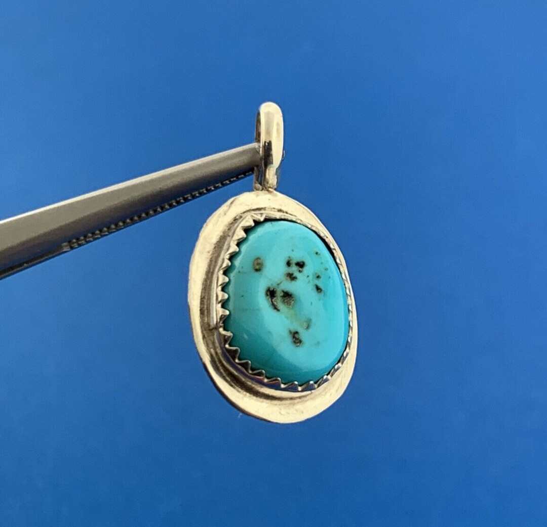 Native American Signed 925 Sterling Silver Oval Turquoise Cabochon ...