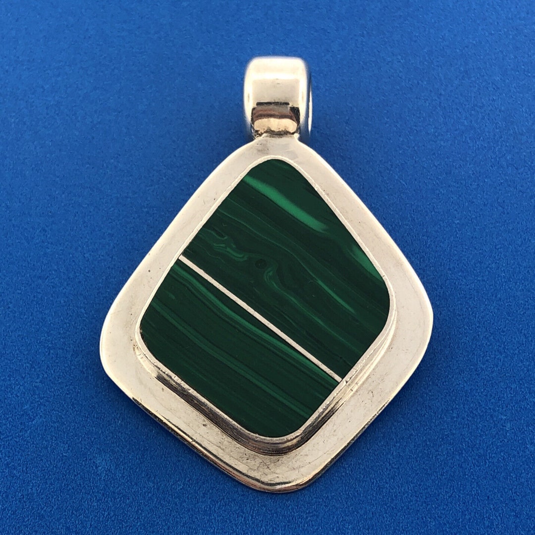 Vintage Sterling Silver 925 Malachite Inlay Modernist Trapezoid Pendant ...