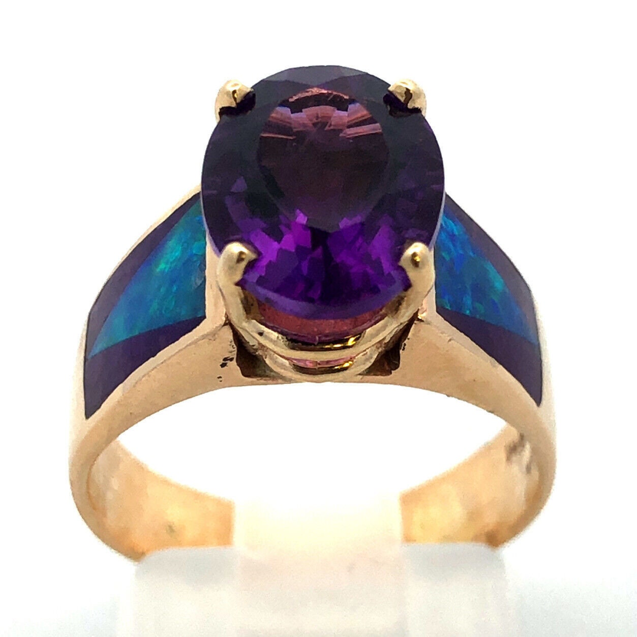 Vintage 14K Yellow Gold Oval Amethyst Opal Inlay Purple Enamel Cocktail ...