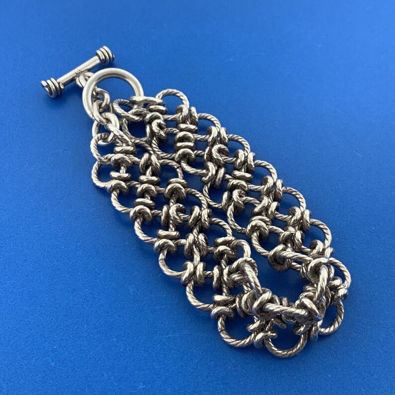 Sterling Silver Chain Mail Double Row Textured Ring Statement Toggle Bracelet - Etsy Canada