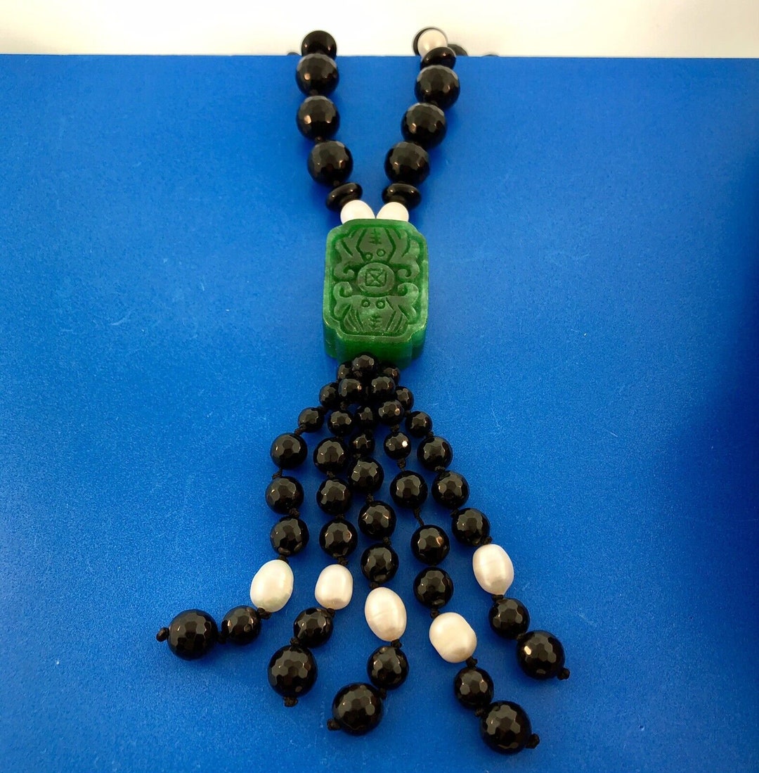 Art Deco Freshwater Pearl Black Jet Bead Carved Jade Jadeite Pendant ...