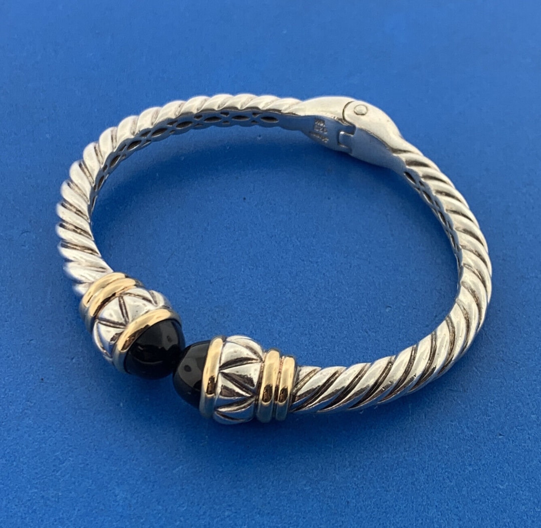 Designer Lorenzo 925 Sterling Silver 18K Gold Black Onyx Hinged Cuff ...