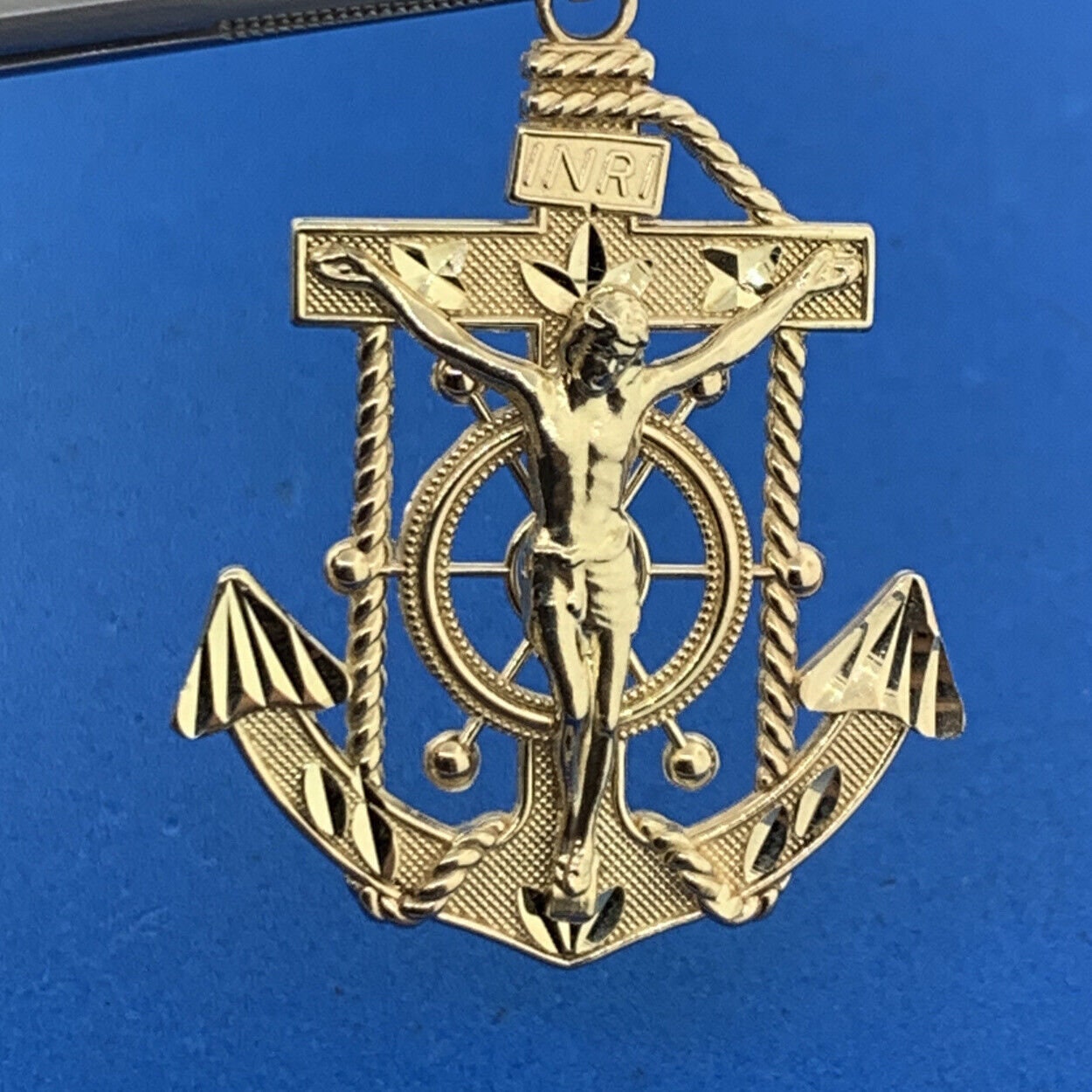 Designer 10K Yellow Gold Sailors Cross Anchor Navy Religious Statement ...