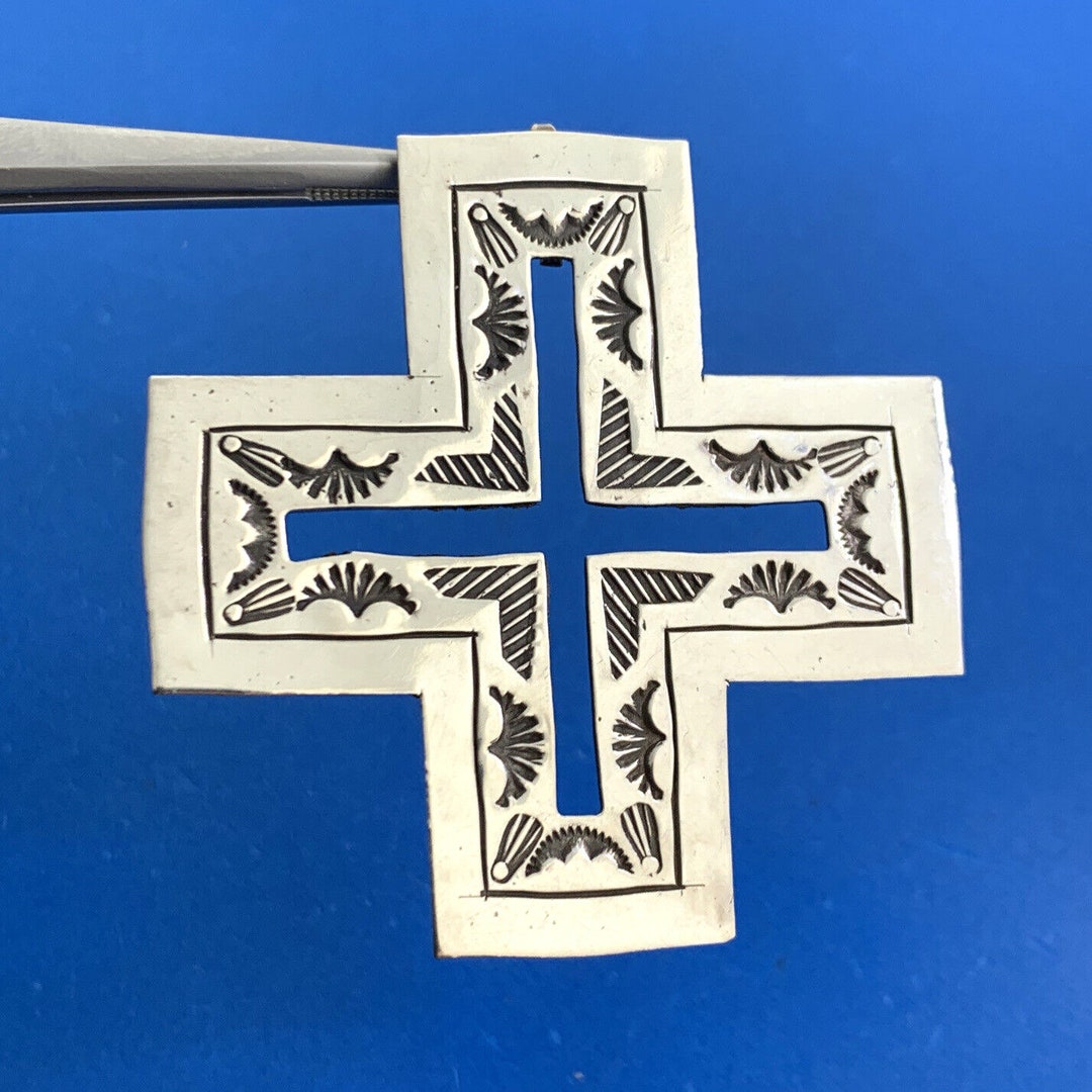 Native American Unsigned Sterling Silver Concho Cutout Statement Cross ...