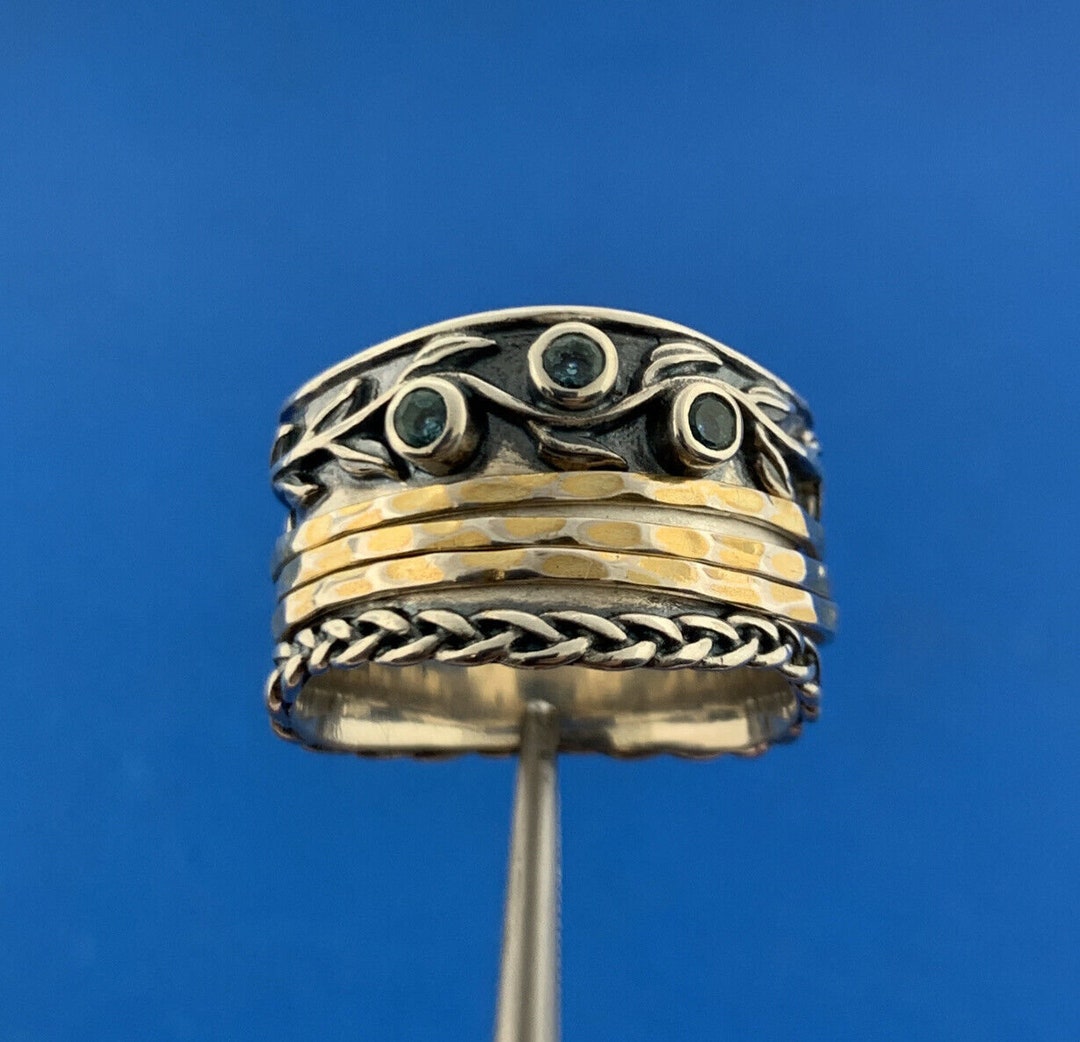 PAZ Creations PZ Sterling Silver Blue Topaz Two Toned 3 Spinner Wide ...