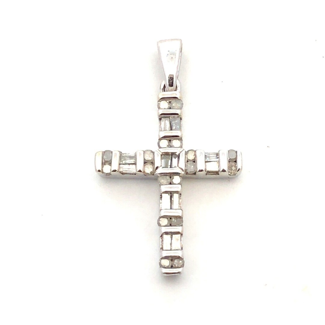 Designer SNJ 10K White Gold Round Baguette Diamonds Cross Pendant - Etsy