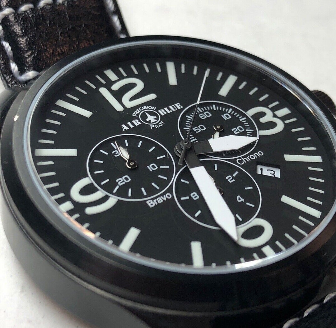 Air Blue Bravo Precision Pilot Mens Watch Chronograph Black Leather ...