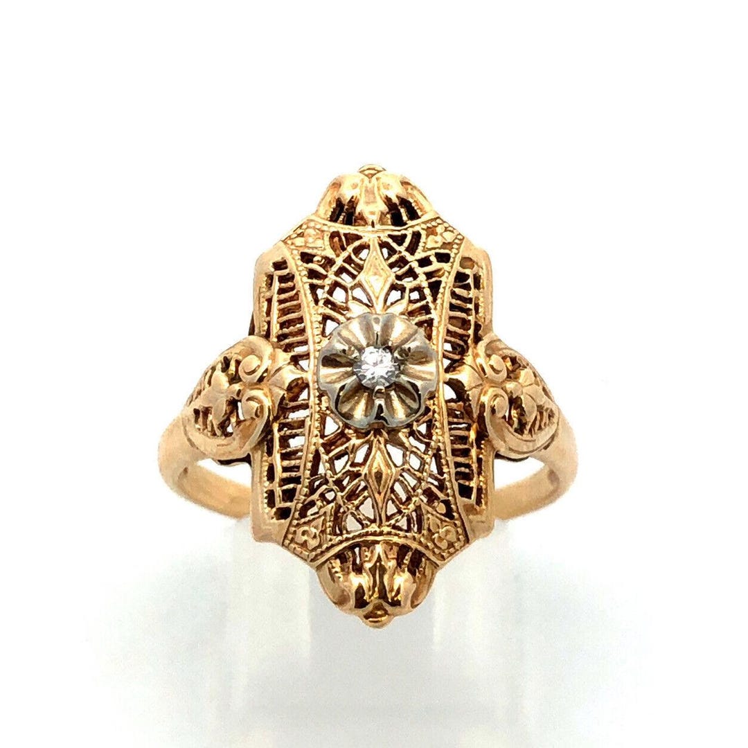 Vintage 10K Yellow Gold Diamond Floral Filigree Statement Finger Ring ...