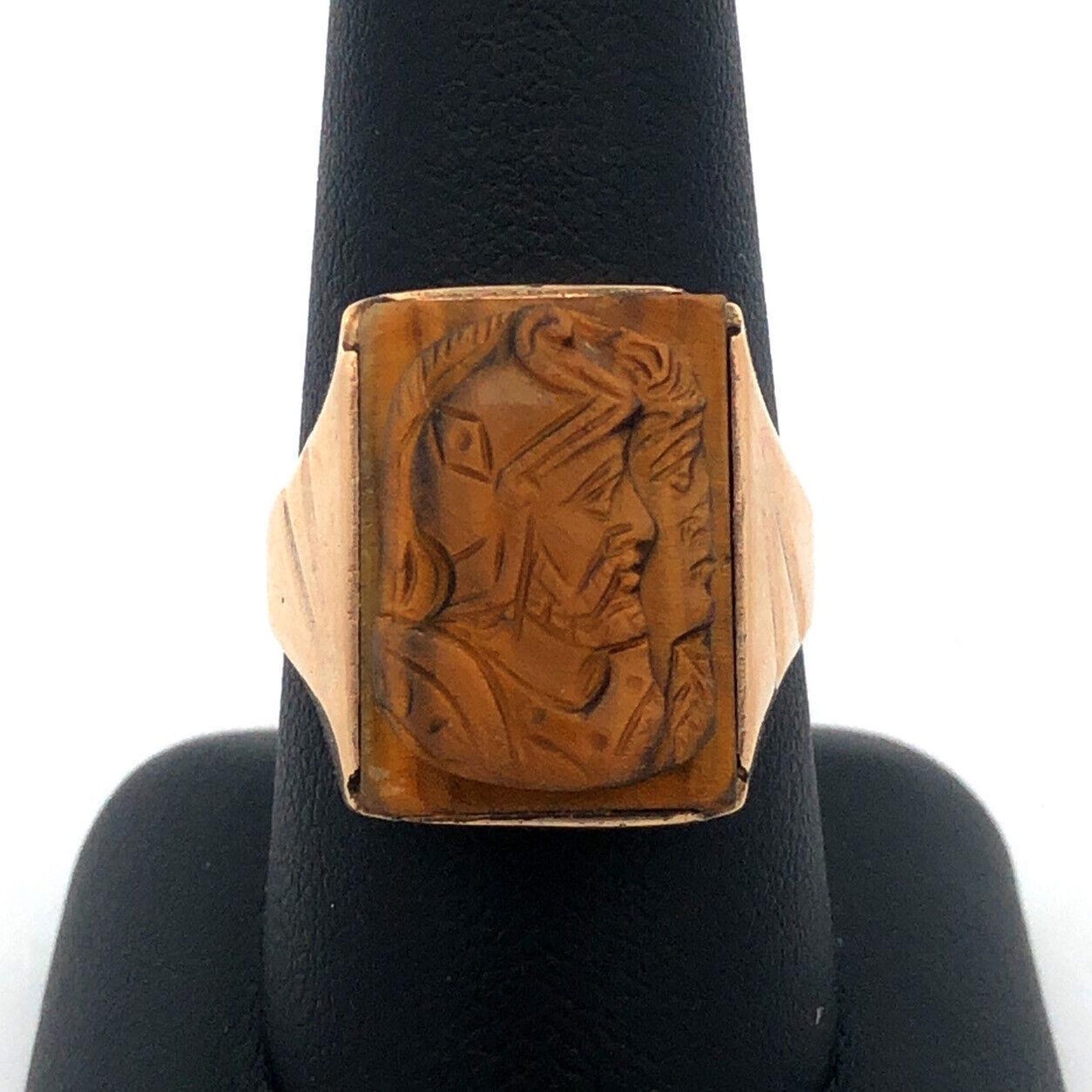Vintage Men's 10K Yellow Gold Carved Intaglio Tiger's Eye Roman ...