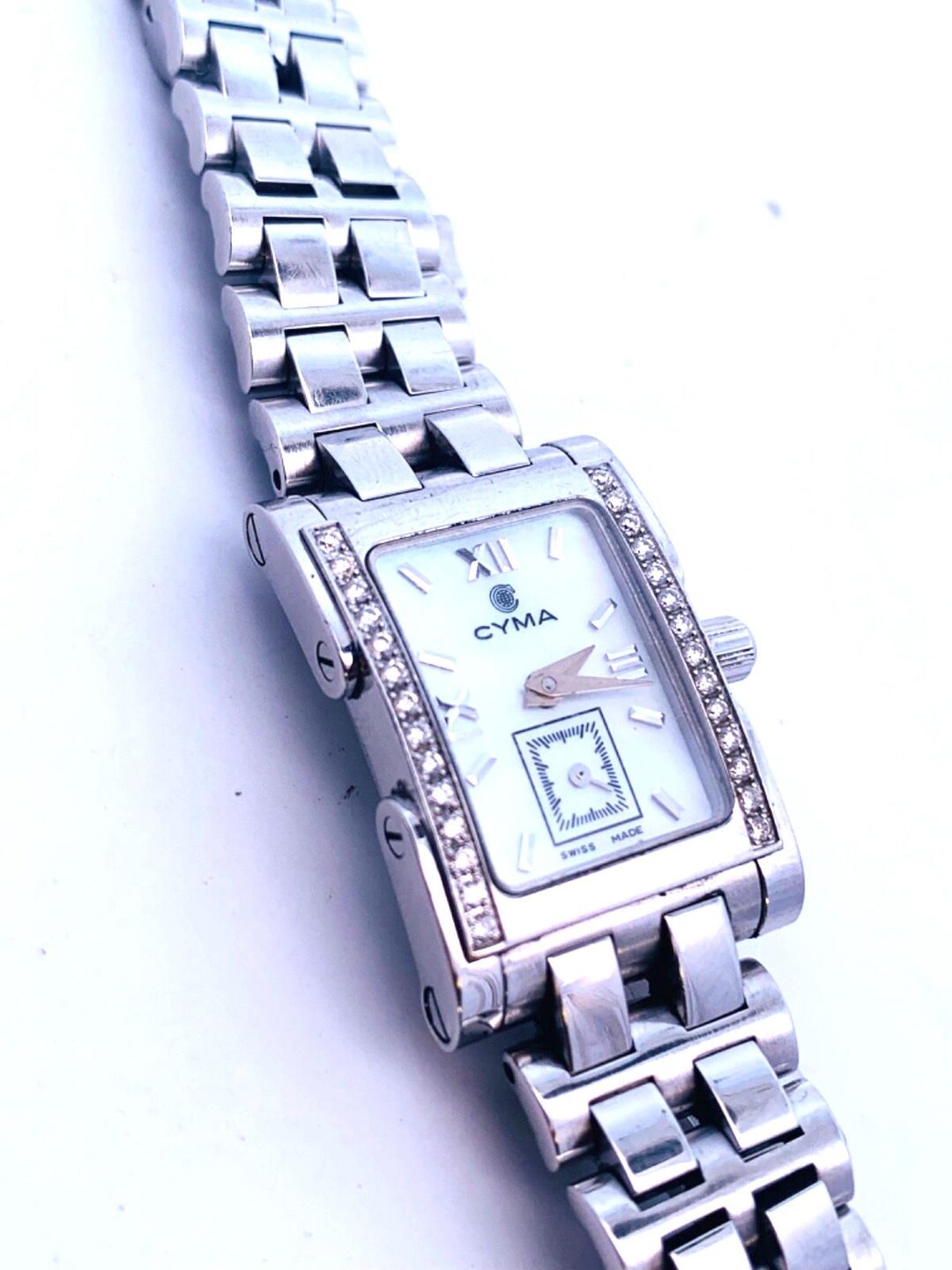 Vintage Cyma Le Locle Stainless Steel Mother of Pearl Dial Diamond ...