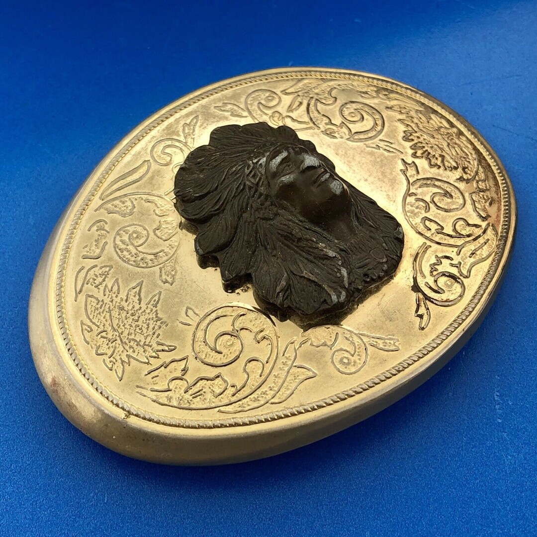 Vintage Brass Bronze Two Tone Scroll 3 Dimensional Indian Head Oval ...