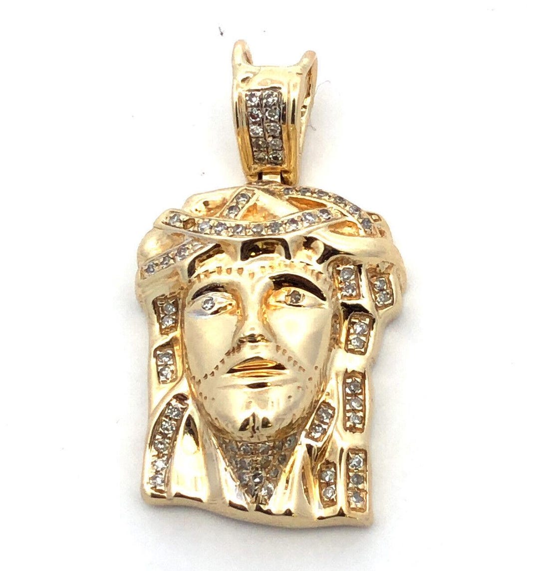 14K Yellow Gold Diamond Jesus Christ Face Crown of Thorns Pendant - Etsy