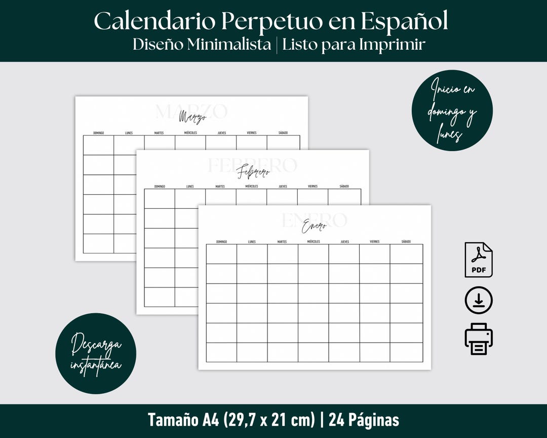 Perpetual Calendar in Spanish | Printable Monthly Planner | Minimalist ...
