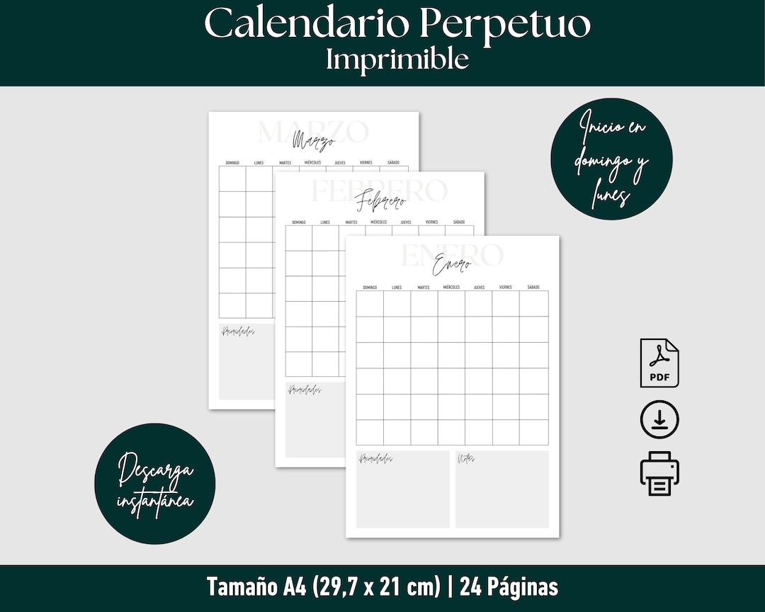 Perpetual Calendar in Spanish, Minimalist | Undated Monthly Planner ...