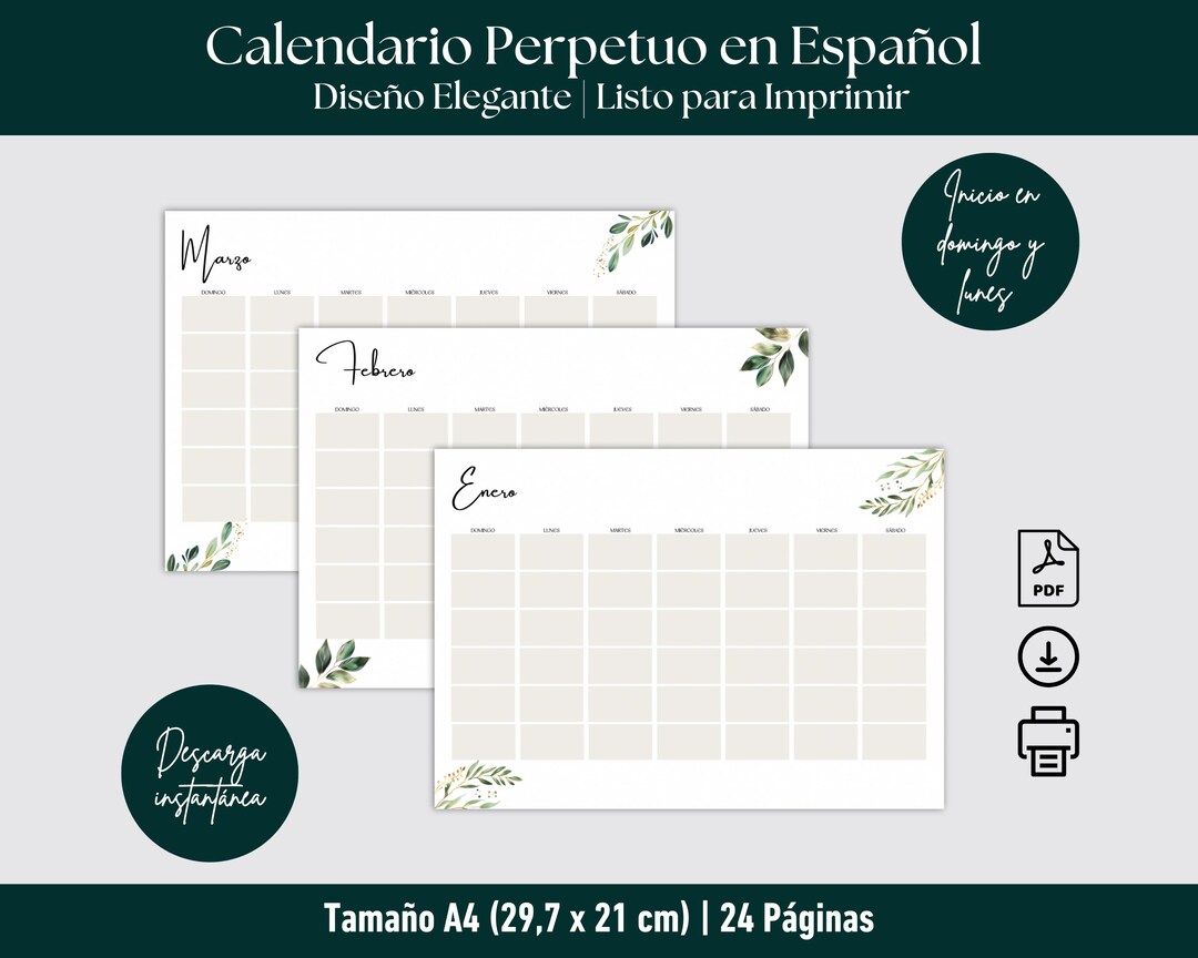 Perpetual Calendar in Spanish | Printable Monthly Planner | Minimalist ...