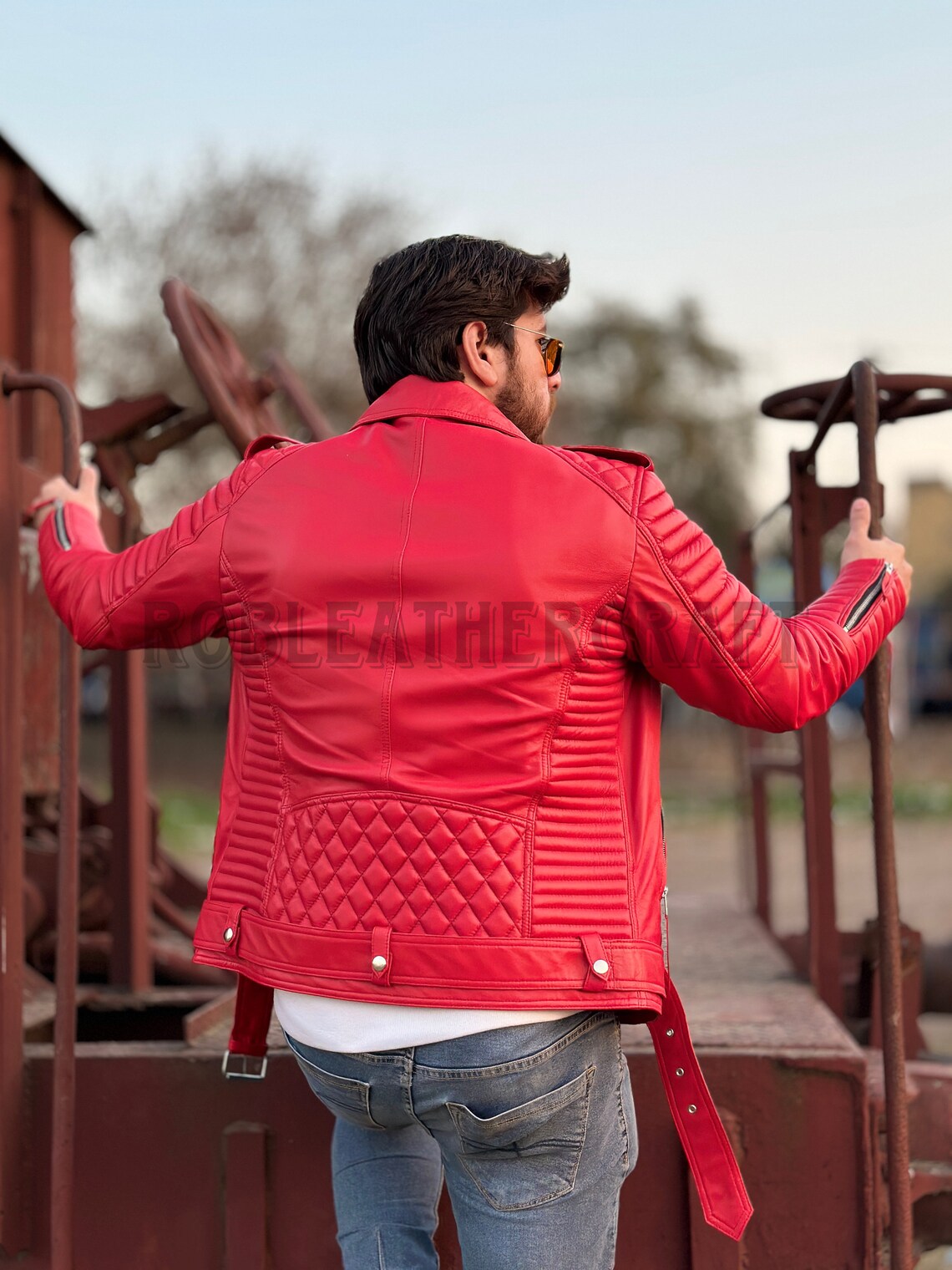 Handmade Men's Red Genuine Leather Quilted Biker Jacket, Real Leather ...