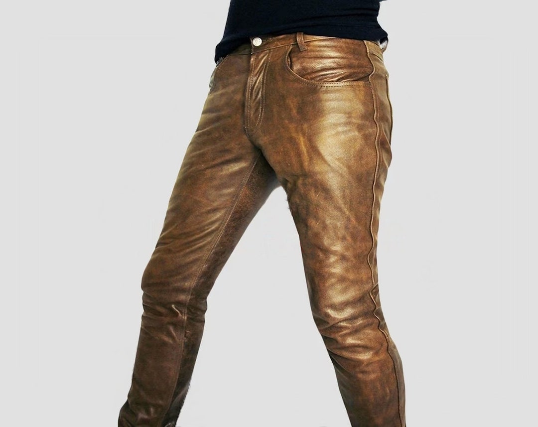 Men's Brown Distressed Waxed Leather Motorcycle Pants - Slim Fit - Etsy