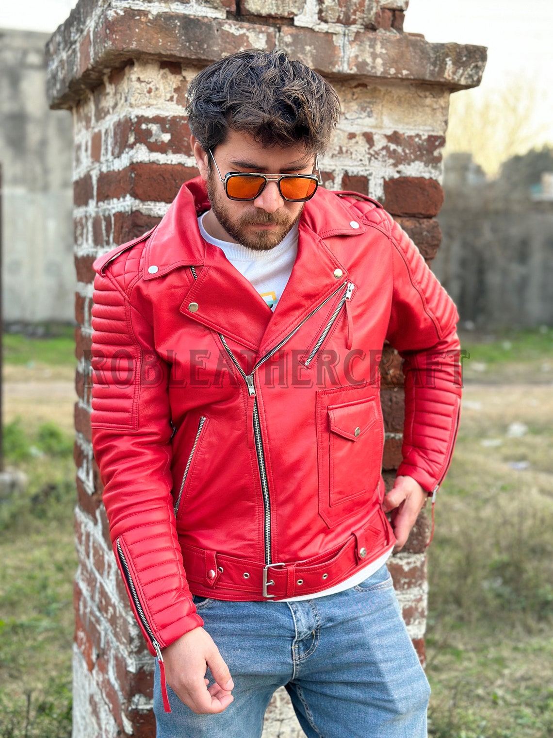 Handmade Red Leather Quilted Biker Jacket: Slim Fit Motorcycle Jacket ...