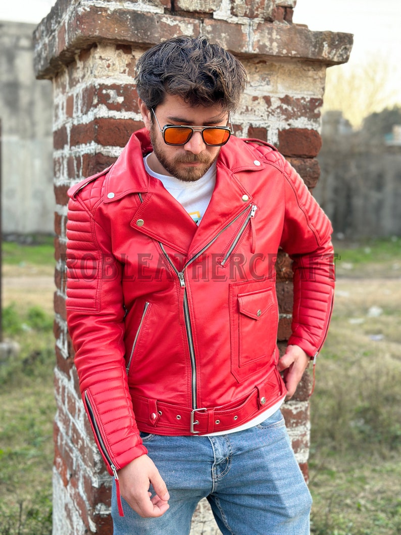 Handmade Men's Red Genuine Leather Quilted Biker Jacket, Real Leather ...