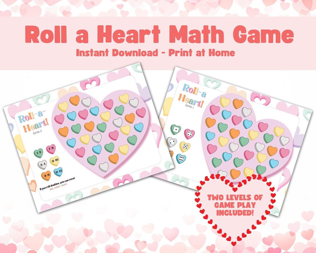 Roll a Heart Valentine Math Game, Printable Math Game, Valentines Math ...
