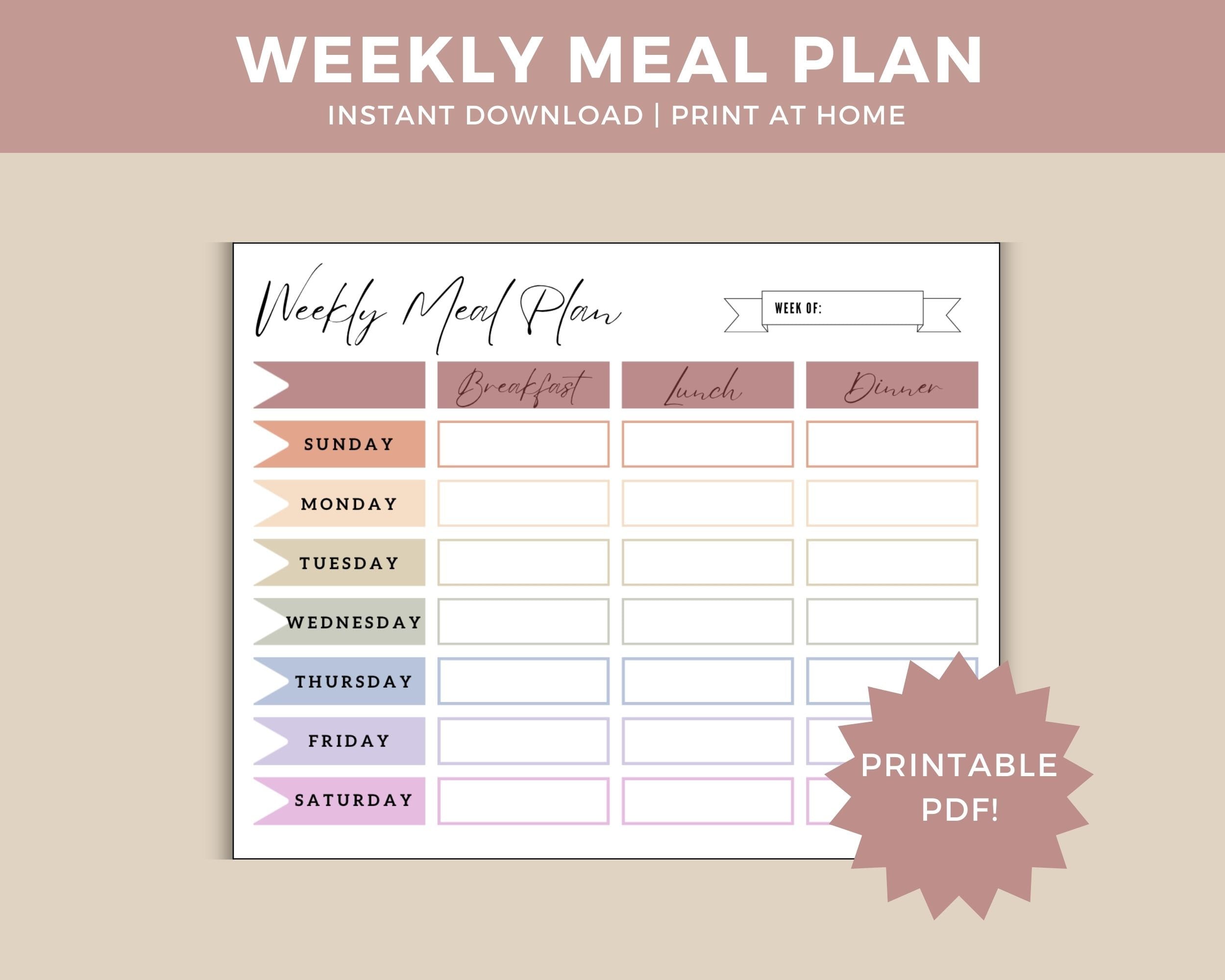 Weekly Meal Planner Printable - Muted Boho Color (digital Download ...