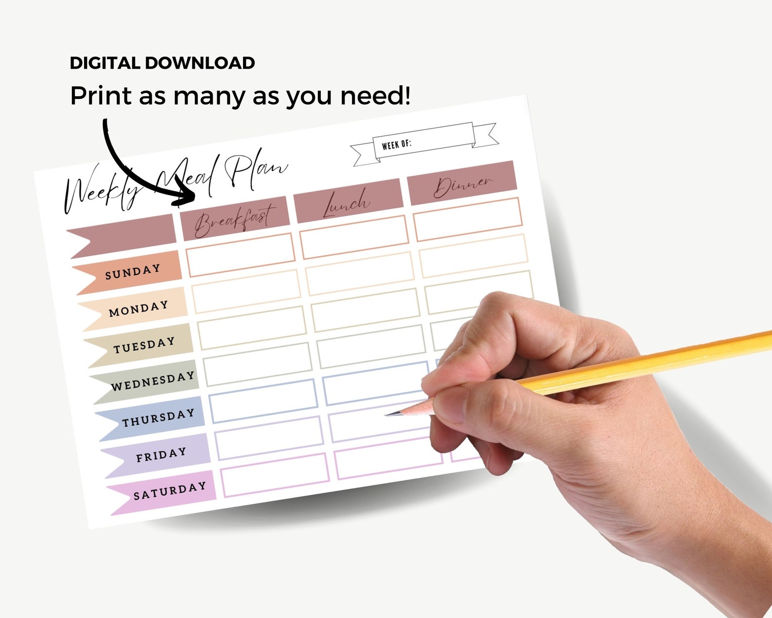 Weekly Meal Planner Printable - Muted Boho Color (digital Download ...