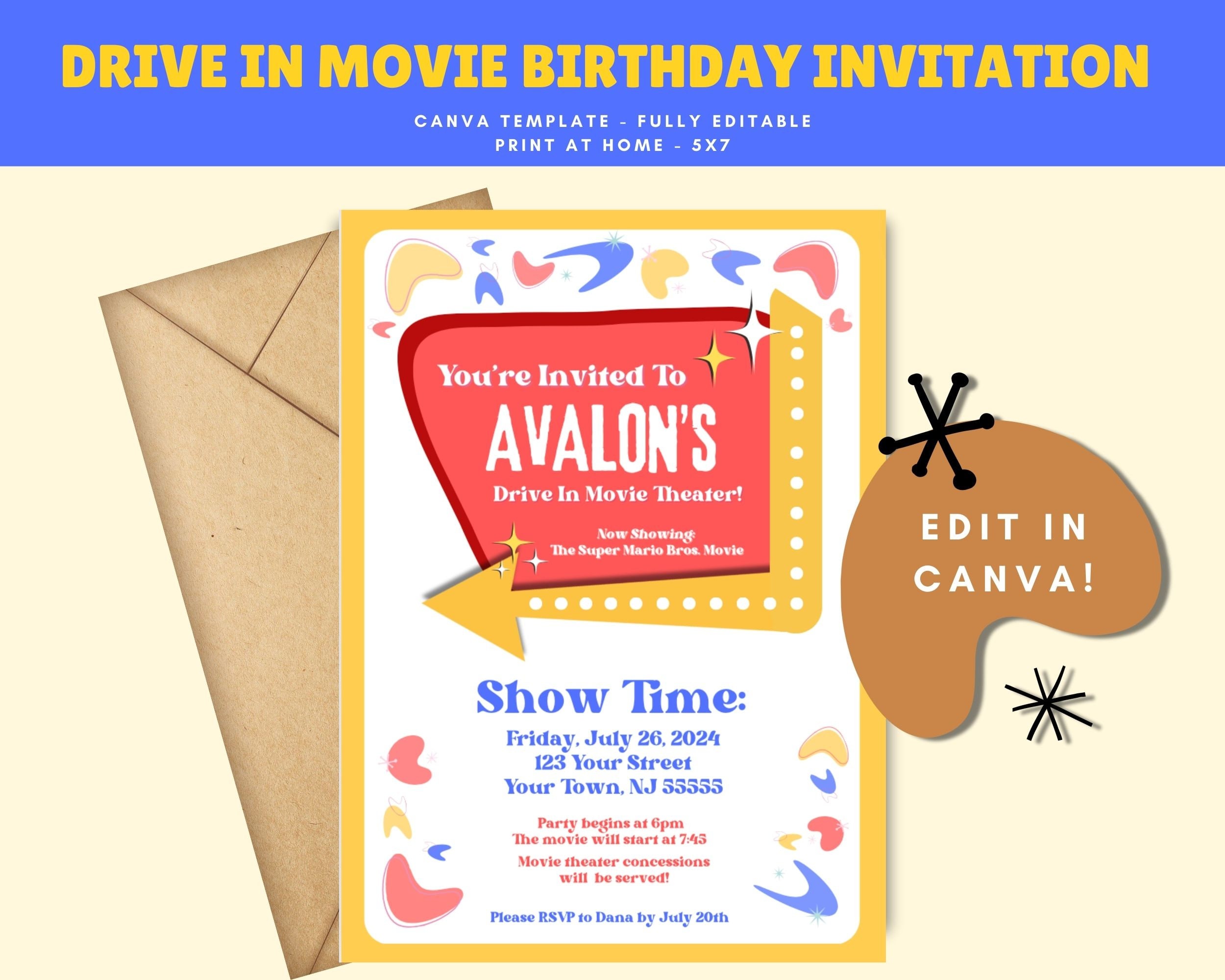 Retro Drive in Movie Birthday Party Invitation - Editable Canva ...