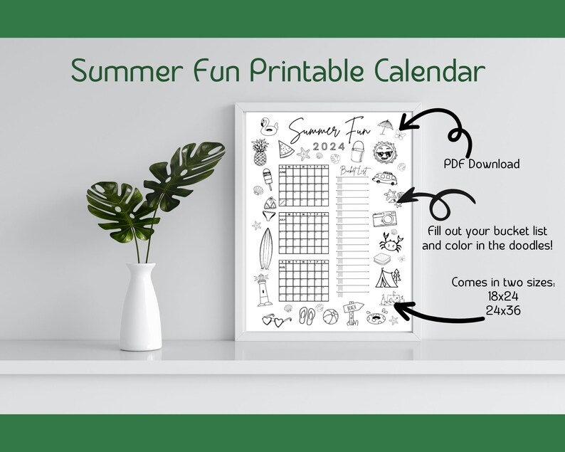 Giant Printable Summer Calendar - Kids Coloring Page (digital Download ...