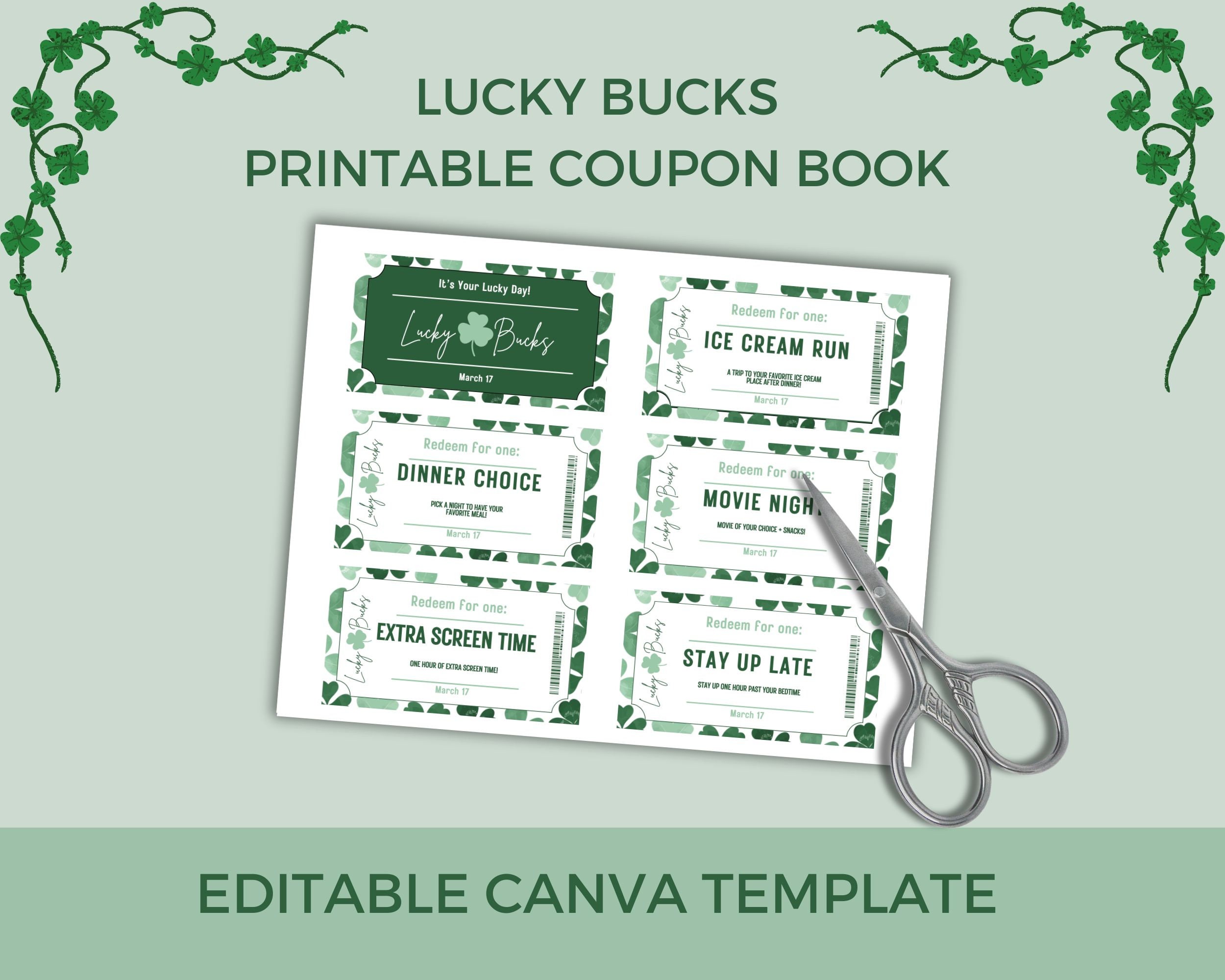 Lucky Bucks Coupon Book - St. Patrick's Day Leprechaun Gift Editable ...