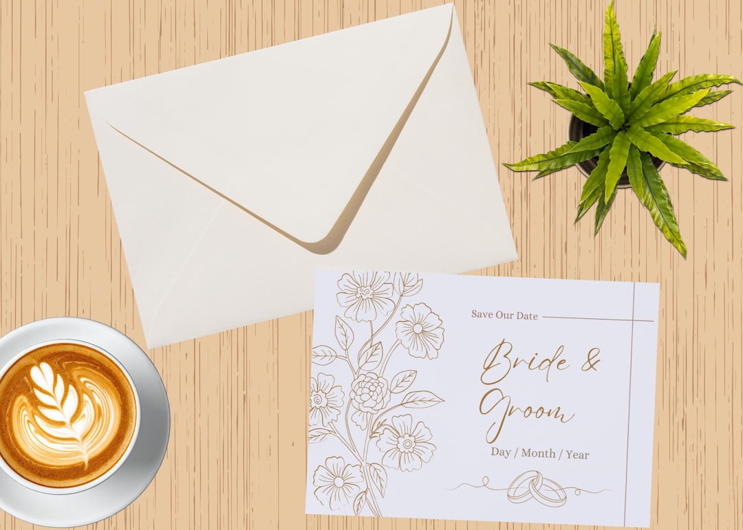 Earthy Save the Date Template, Line Art Floral Wedding Announcement ...