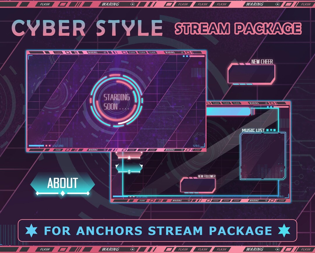 Aniamted Cyber Style Stream Overlay Pack-twitch Stream Screens-overlays ...
