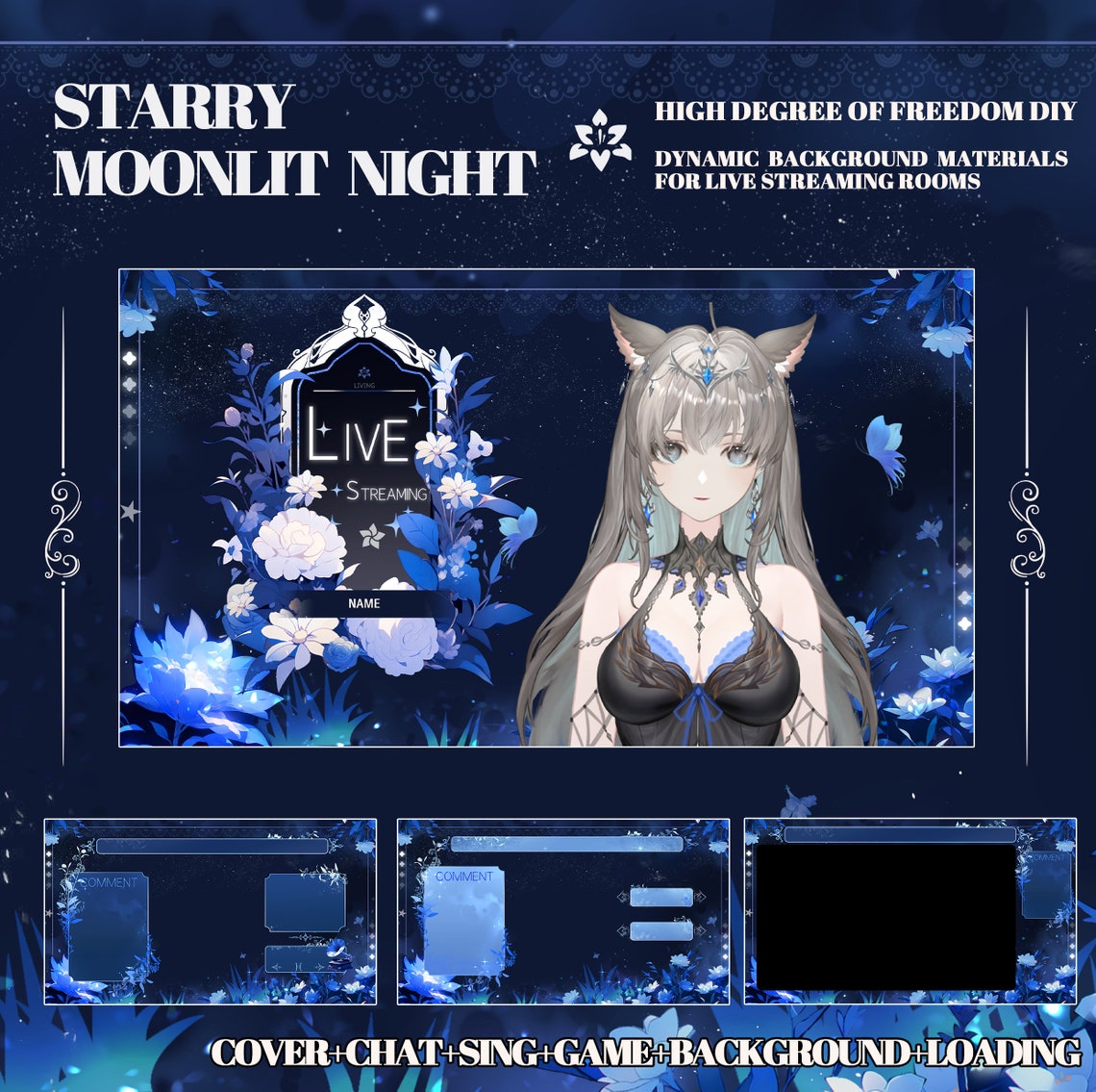 Starry Moonlit Night DIY Stream Overlay: Dynamic Backgrounds (PNG, MOV ...