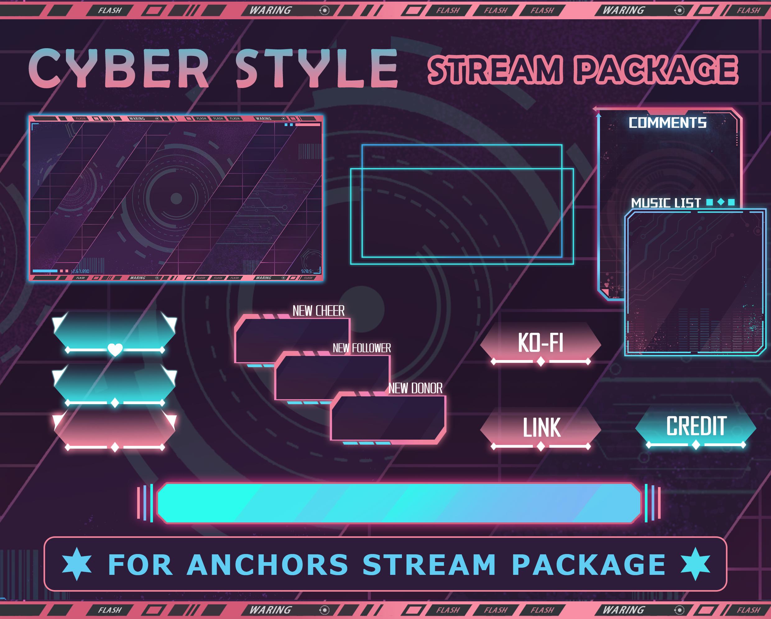 Aniamted Cyber Style Stream Overlay Pack-twitch Stream Screens-overlays ...