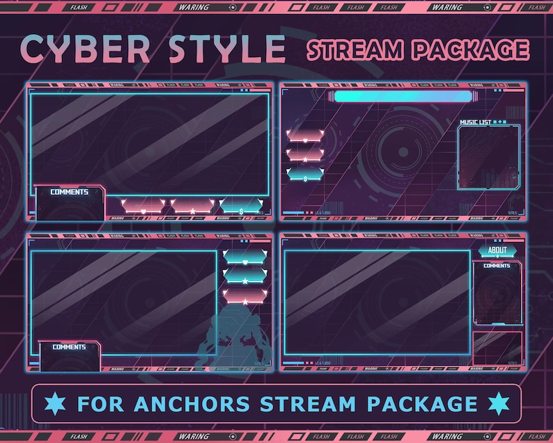 Aniamted Cyber Style Stream Overlay Pack-twitch Stream Screens-overlays ...
