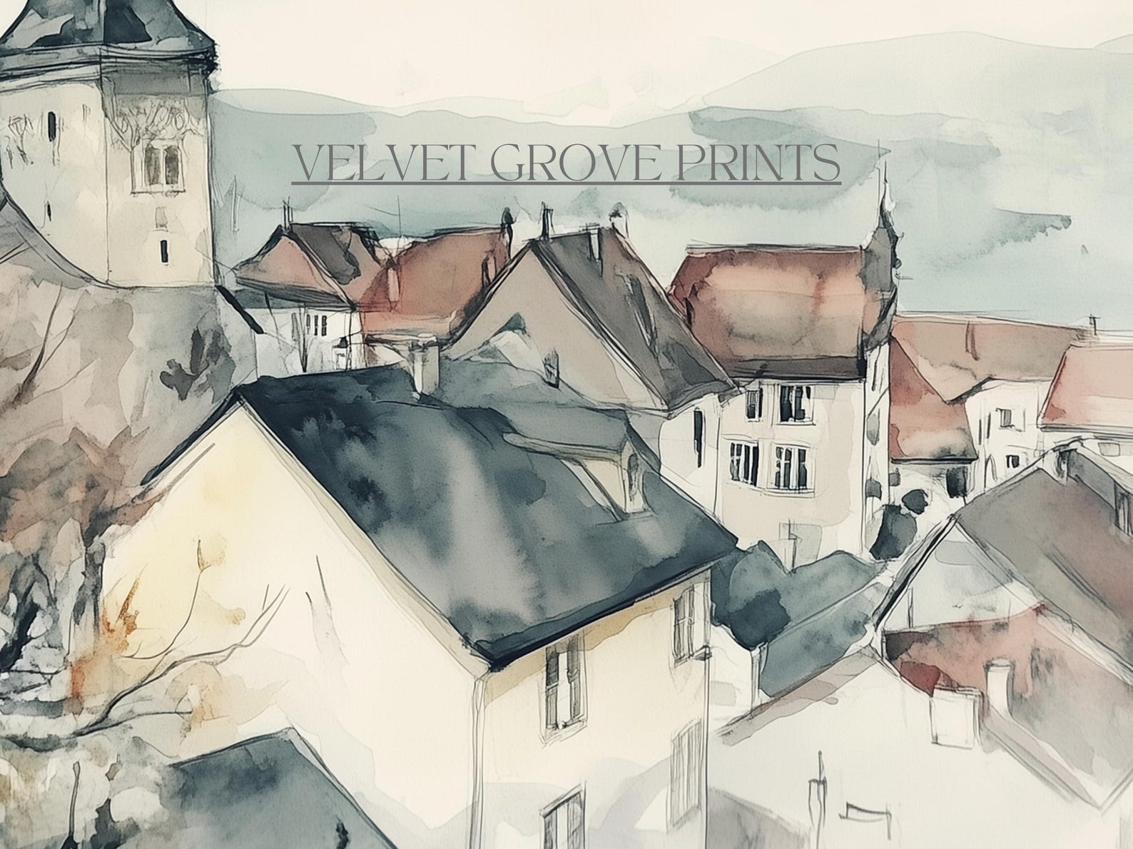 Small Town Watercolor Print, Instant Download, Printable Art, Classic ...