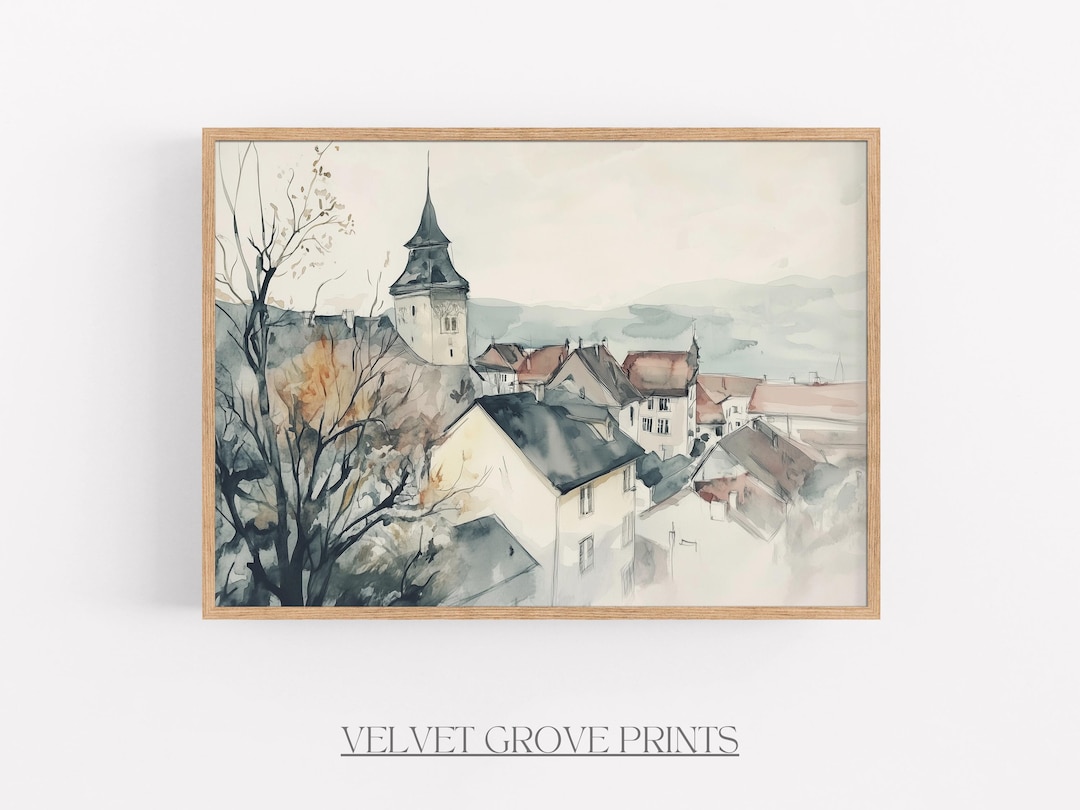 Small Town Watercolor Print, Instant Download, Printable Art, Classic ...