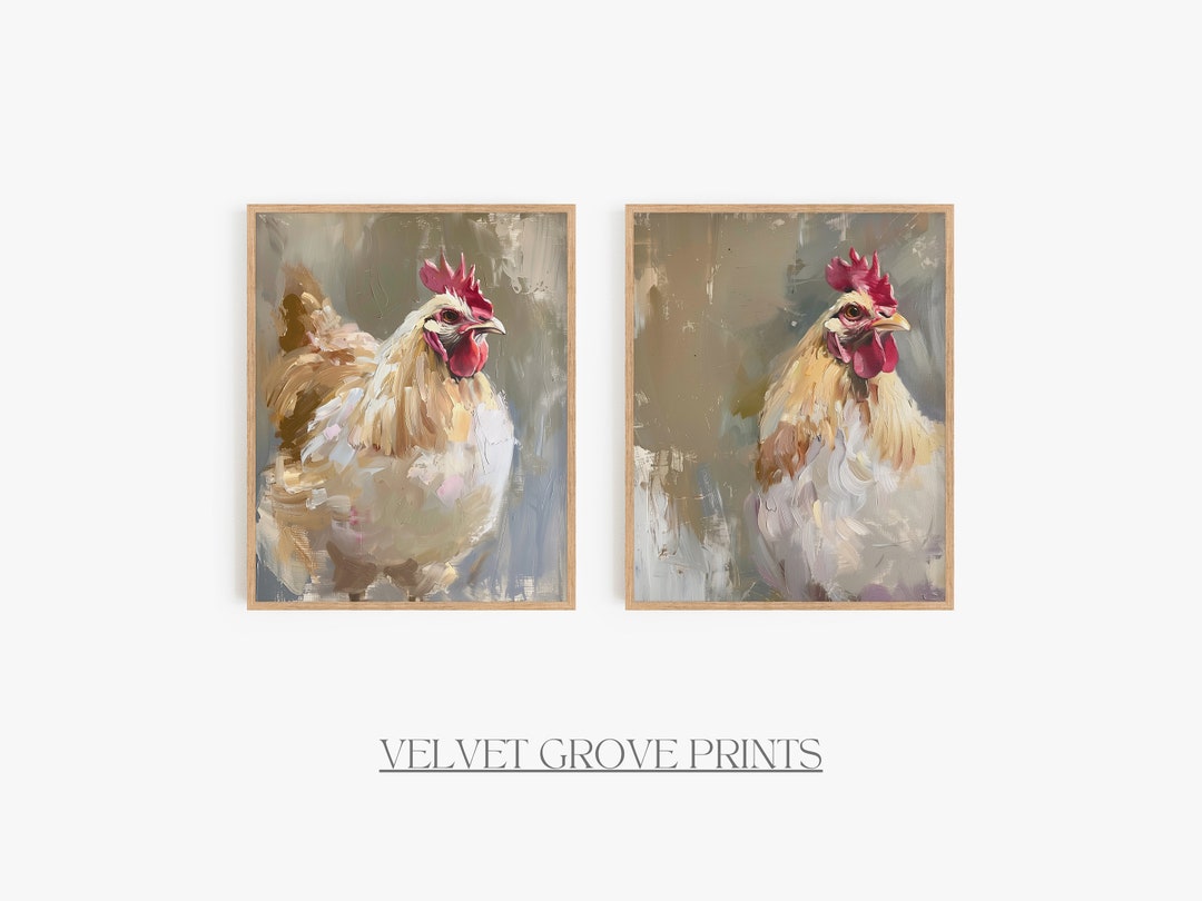 White Chicken Art Prints (set of 2) - Vintage Farmhouse Decor (digital ...