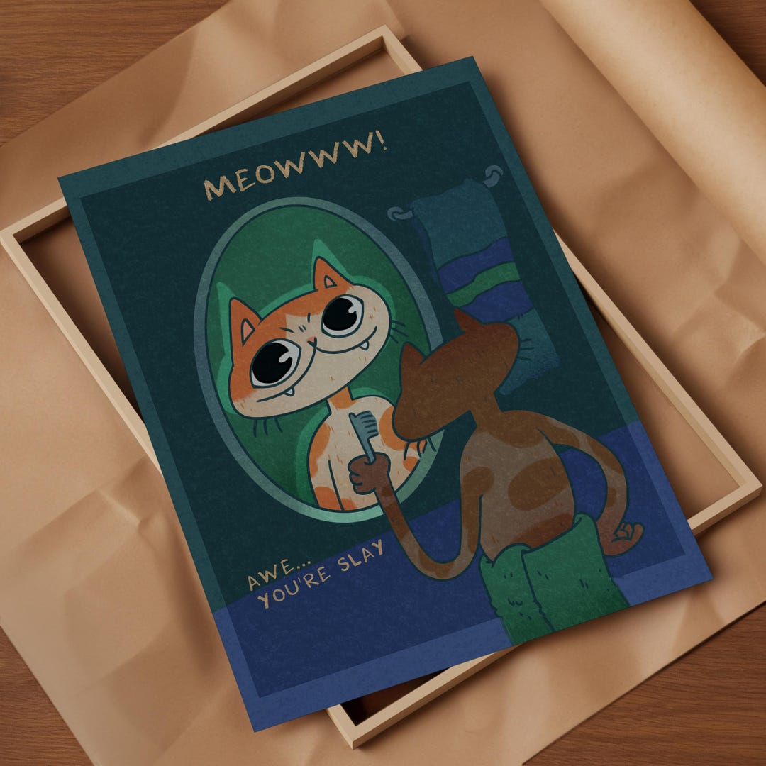 Digital Download Slay Tabby Cat | Whimsical Mirror Reflection Poster ...