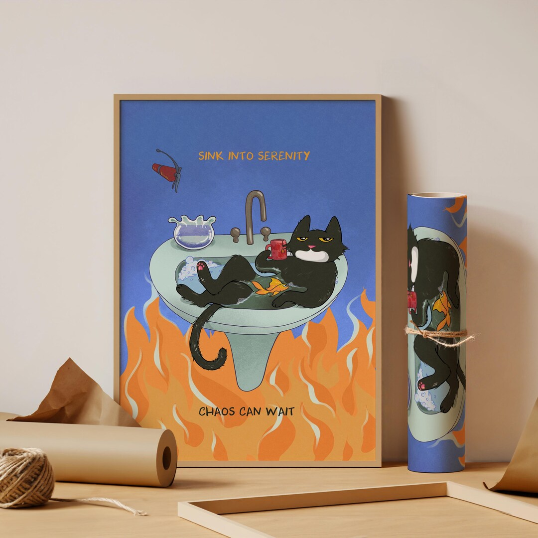 Digital Download Funny Cute Cat Wall Art Print Sink Into Serenity Black ...