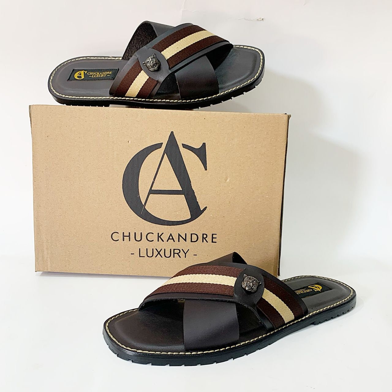 Brown Calf Skin Cross Slipper With Brown & Cream Strap, Casual Slip-on ...