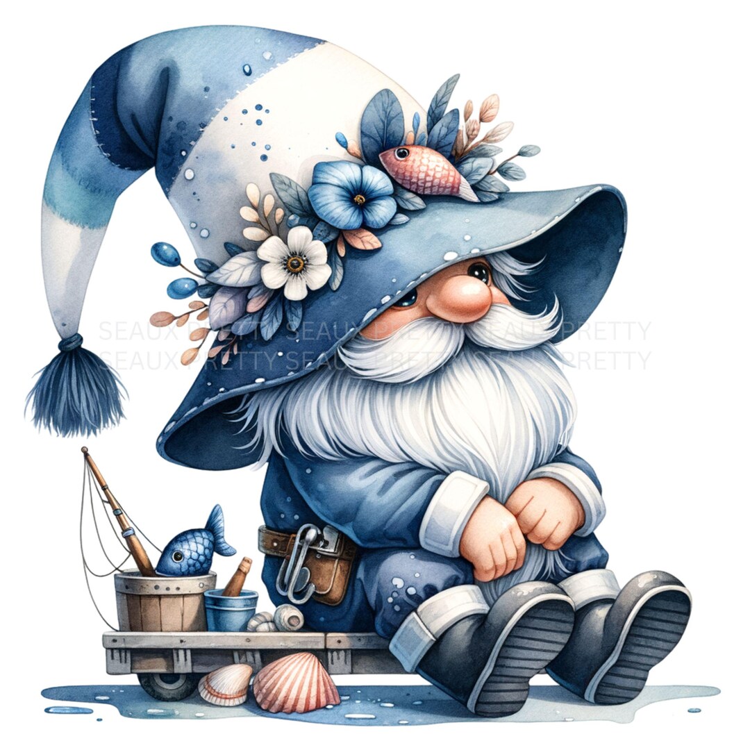 Watercolor Blue Fishing Gnome PNG, Gnome PNG, Fishing Gnome Design ...