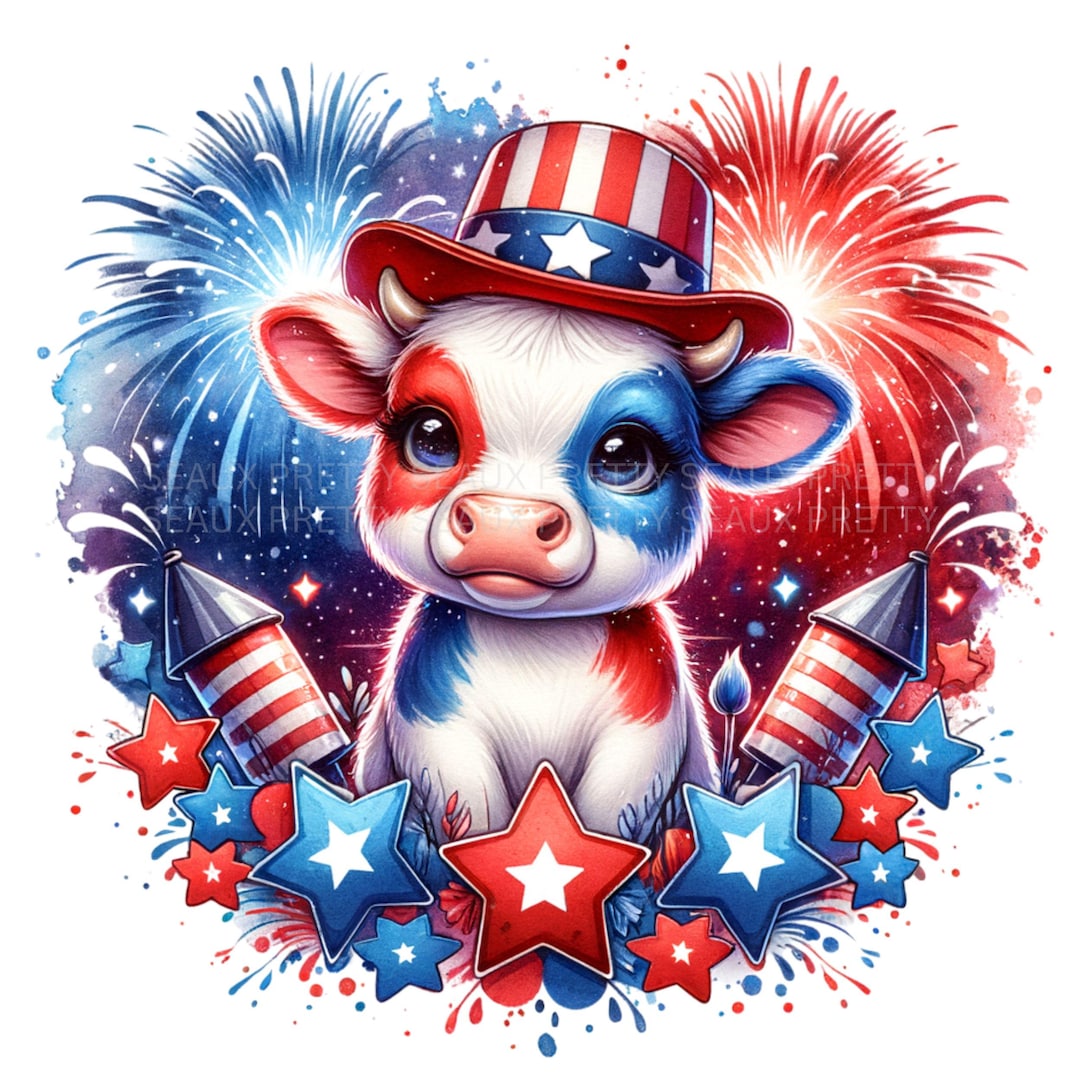 July 4th Highland Cow PNG, Watercolor Fourth of July PNG, Fourth of ...