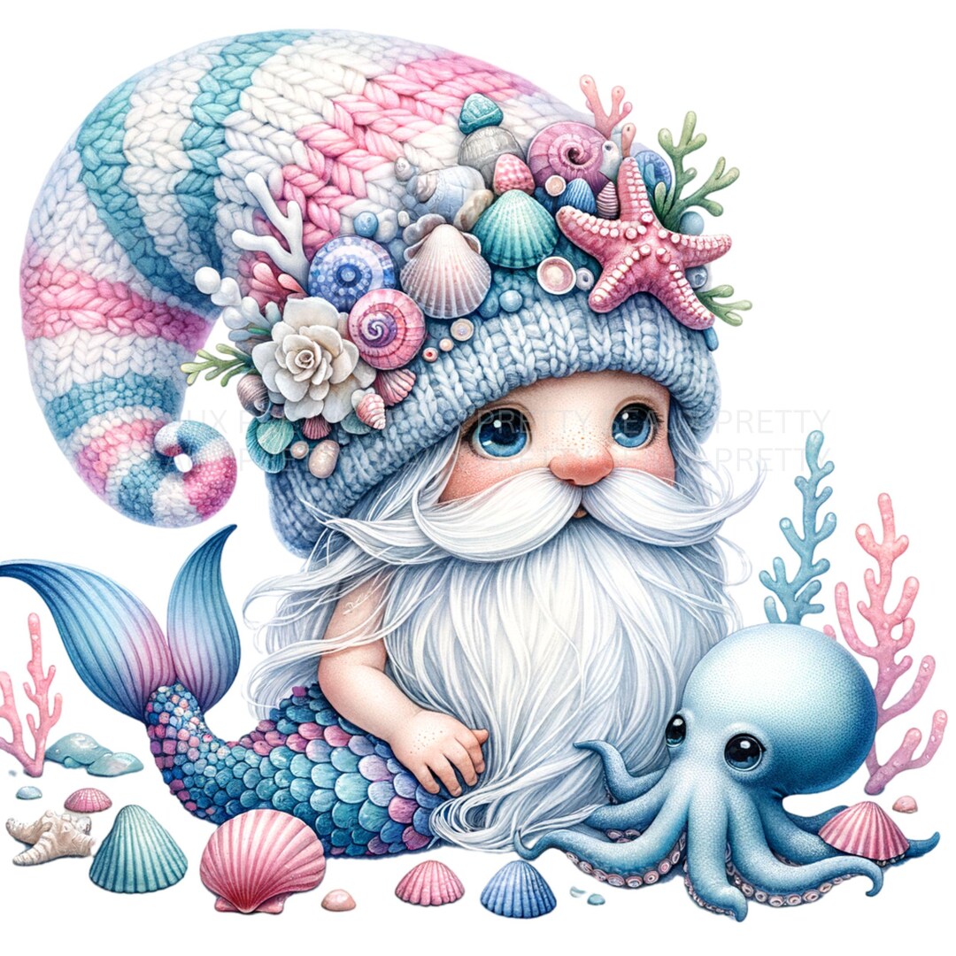 Watercolor Mermaid Gnome PNG, Gnome PNG, Ocean Gnome Design, Sea Gnome ...