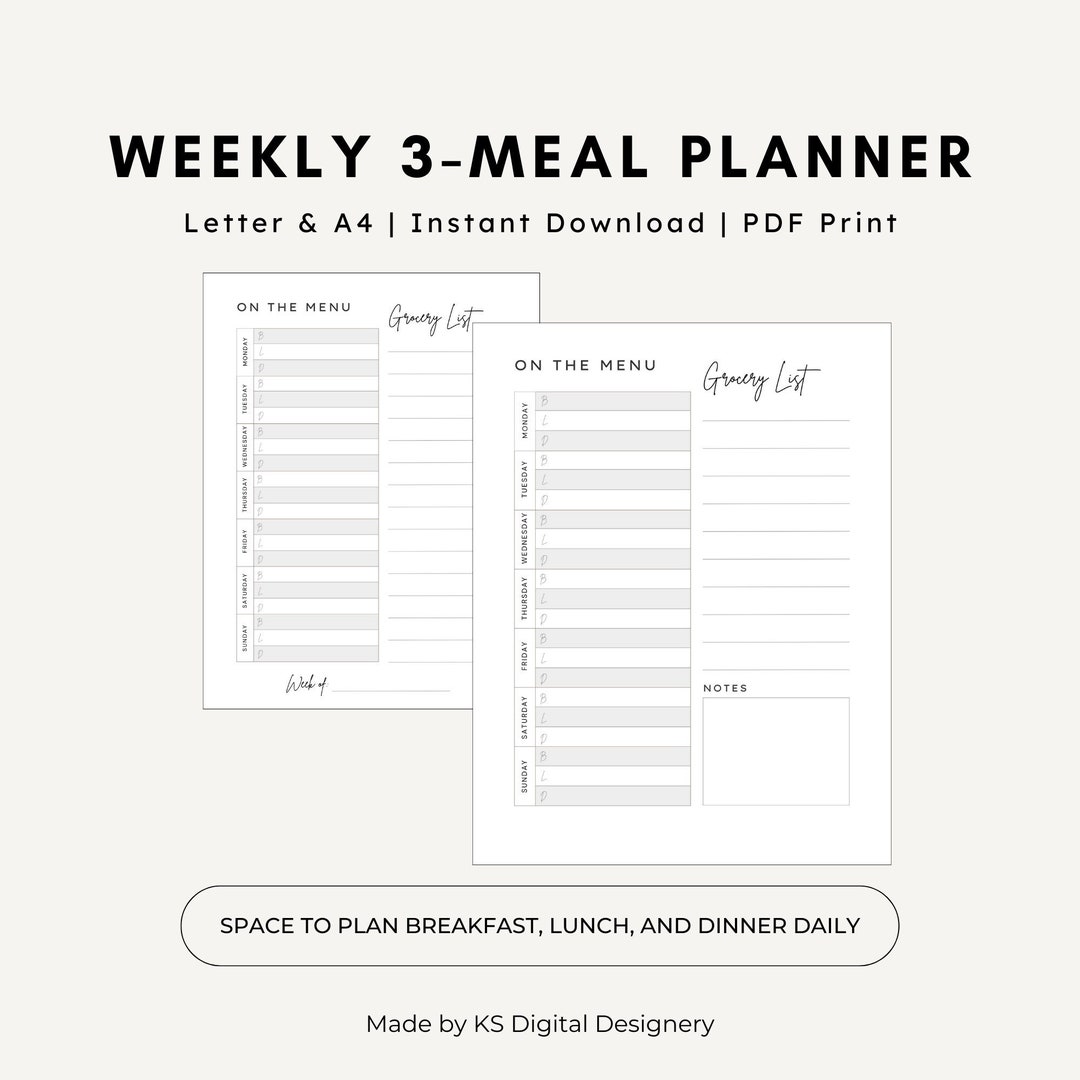 Printable Weekly 3-meal Planner With Grocery List - Etsy