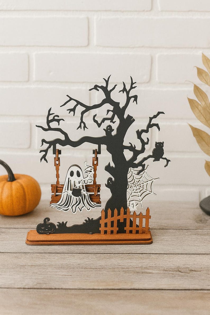 3D Layered Wooden Ghost Swing Decoration: Spooky Halloween Tabletop ...