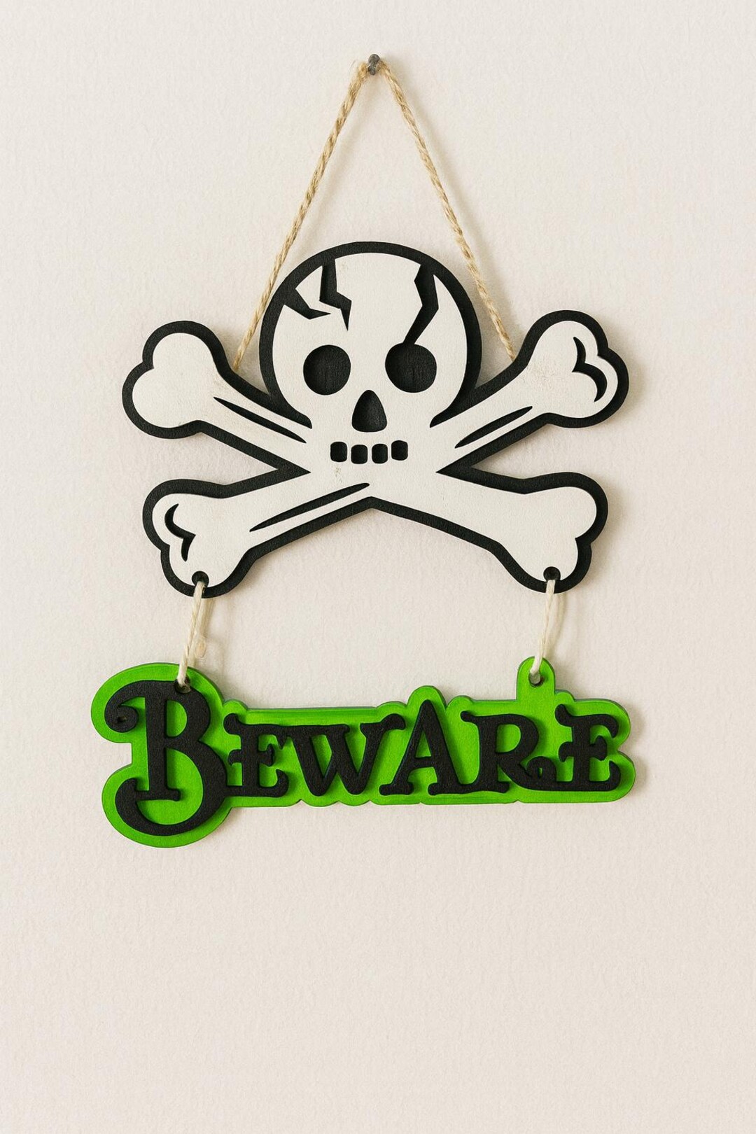 Wooden "beware" Skull & Crossbones Halloween Wall Hanging – Hand ...
