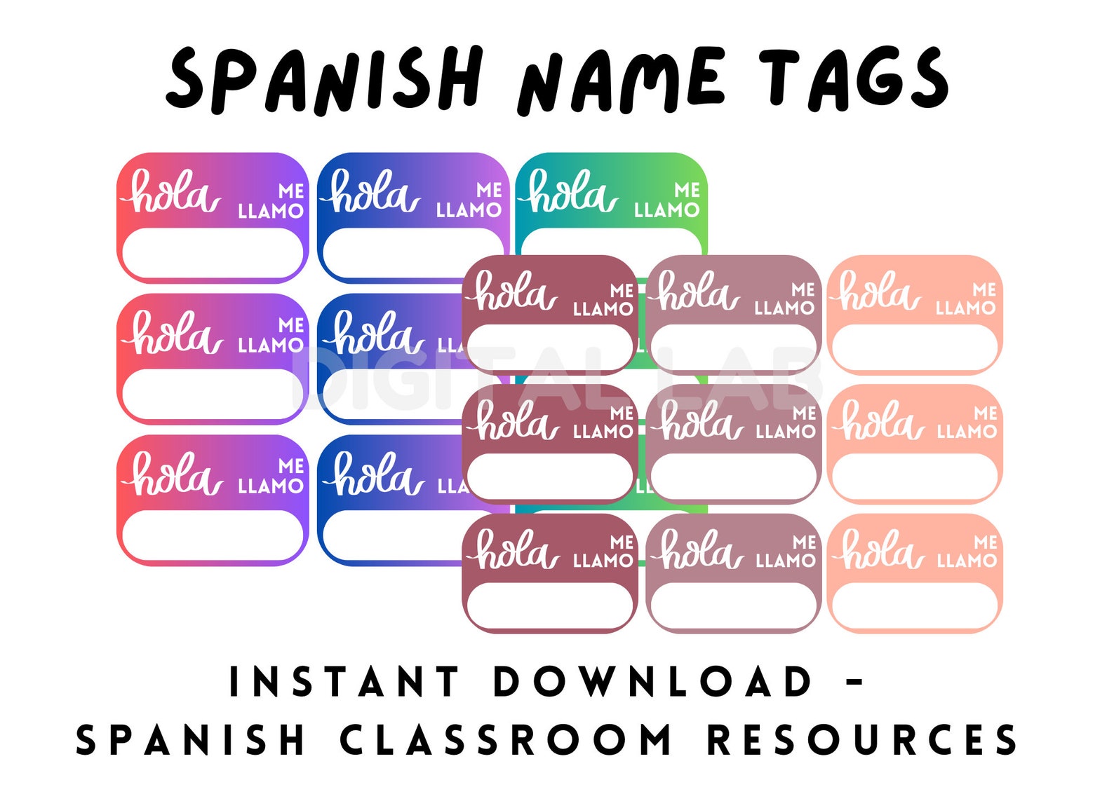 Spanish Name Tags Printable File, Flashcards Digital Vocab Cards ...